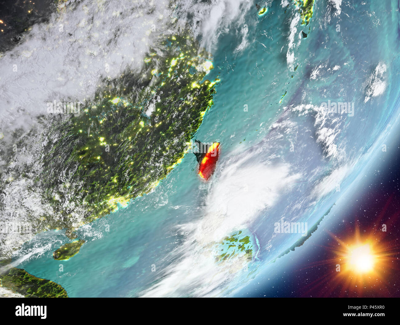 Taiwan from orbit of planet Earth in sunrise with highly detailed ...