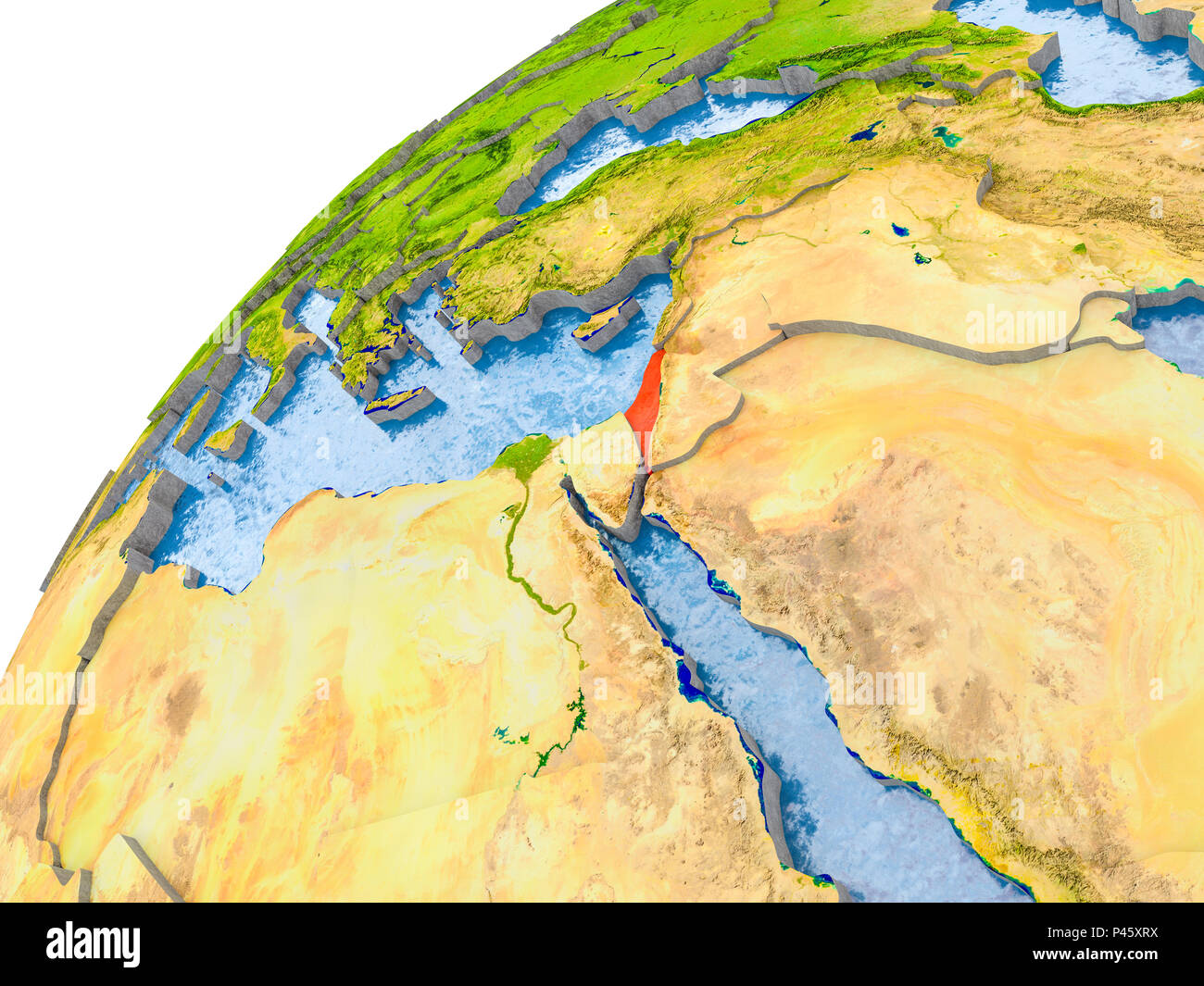 Israel on simple globe with visible country borders and realistic water ...