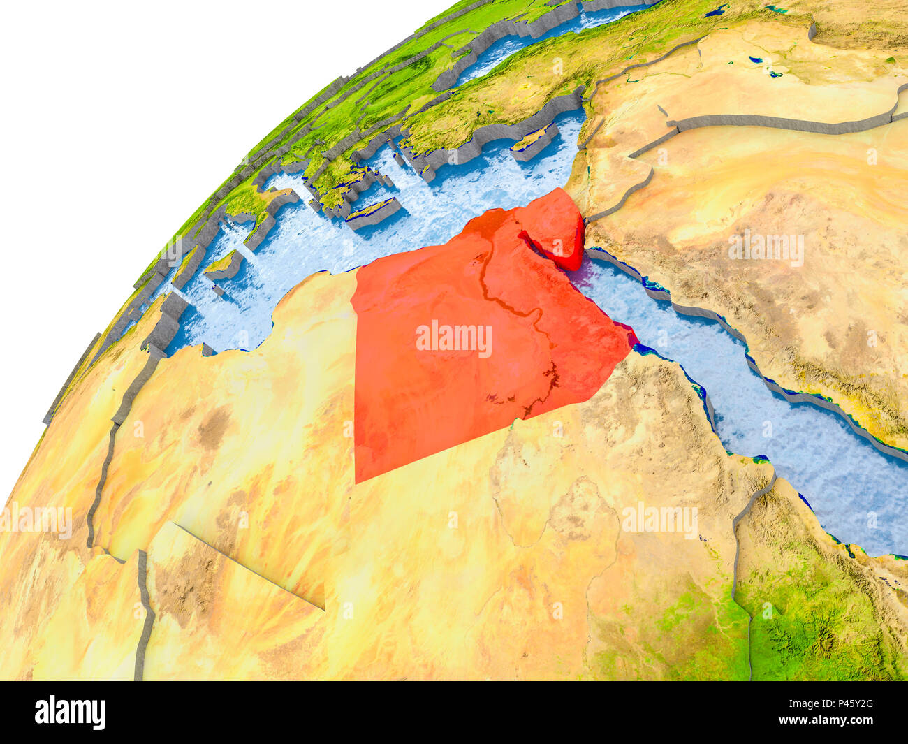 Egypt on simple globe with visible country borders and realistic water ...