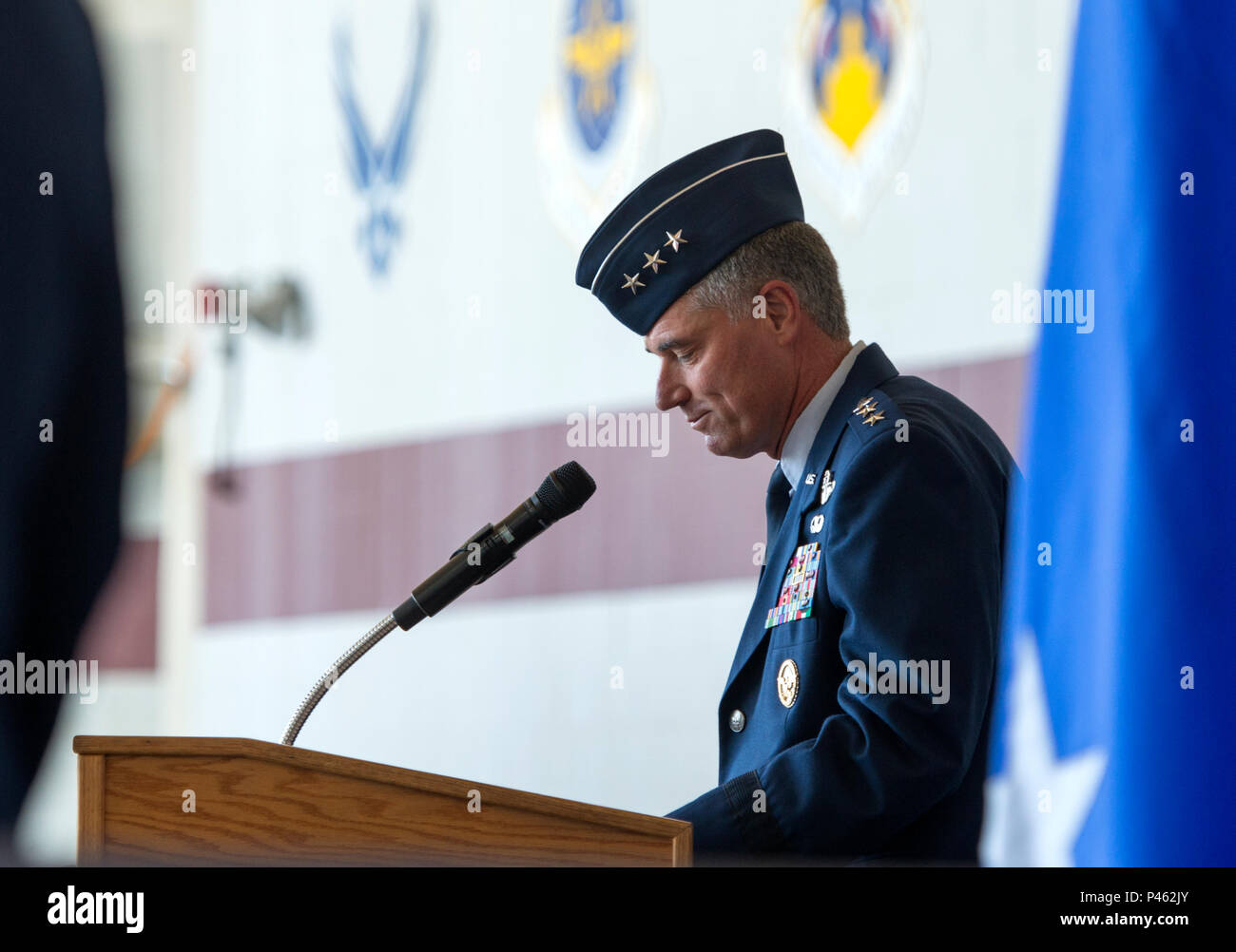 Lt. Gen. Samuel D. Cox, Commander, 18th Air Force, addresses the ...