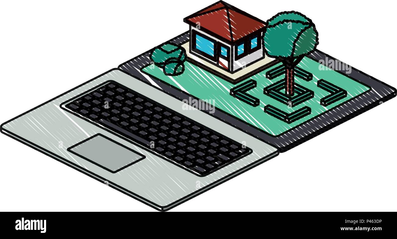 computer laptop and building scene isometric icon Stock Vector Image ...