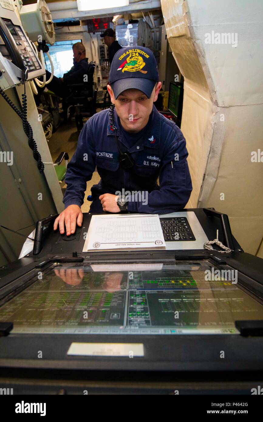 A Damage Controlman monitors ballasting operations aboard amphibious ...