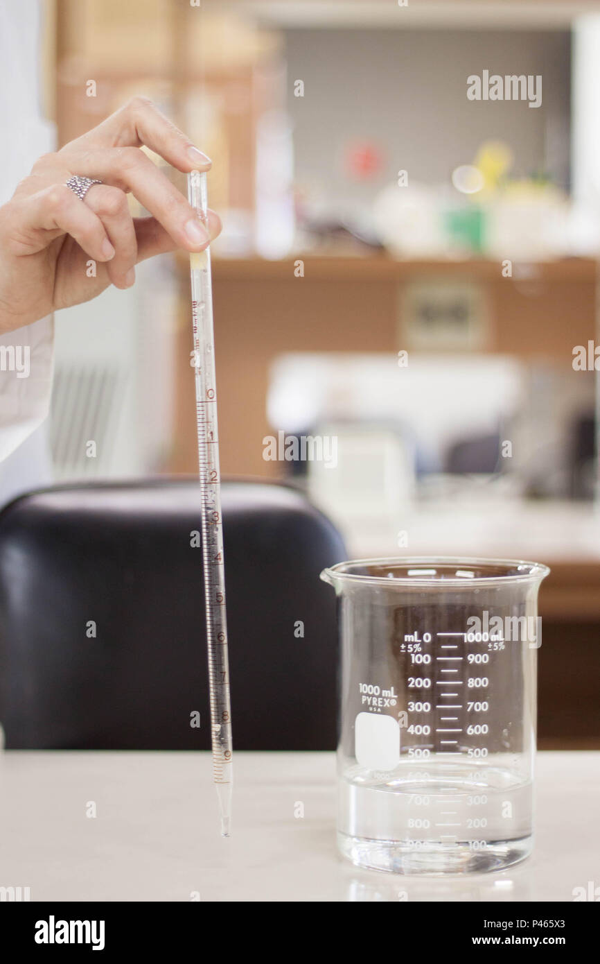 Becker com líquido transparente marcando 300 ml e pipeta em bancada de ...