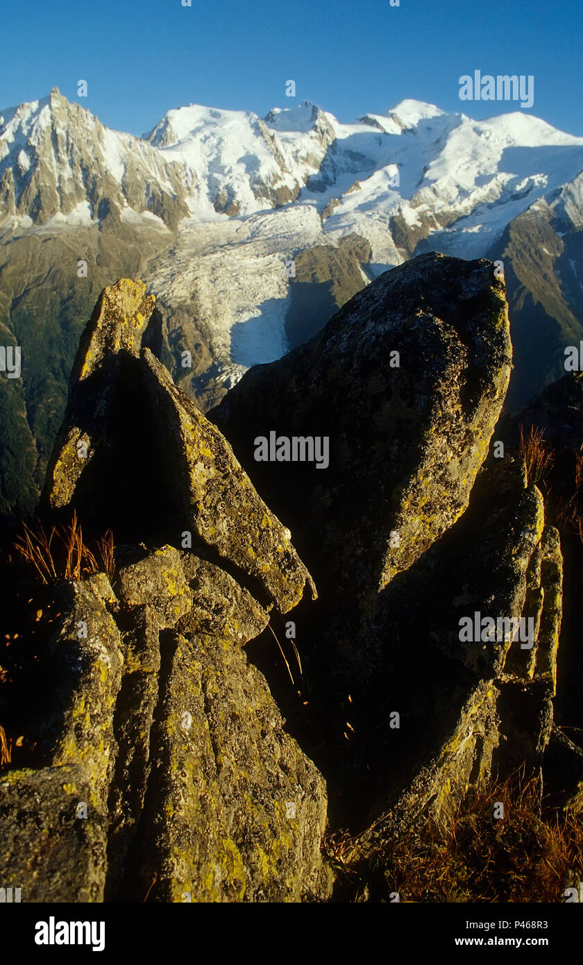 Evening light on the Mont Blanc range as seen from Le Brevent, Chamonix ...