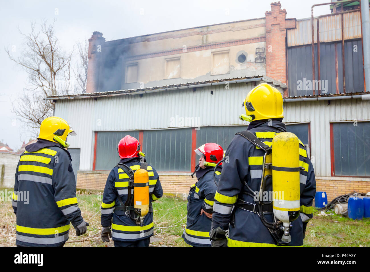 View from behind on team of firefighters in uniform with full safety ...