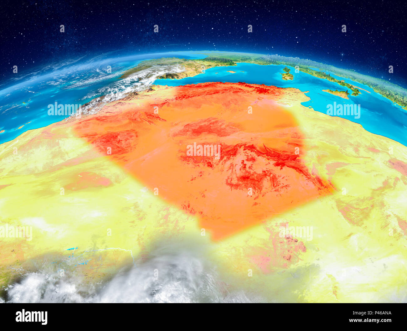 Orbit view of Algeria highlighted in red on planet Earth with highly ...
