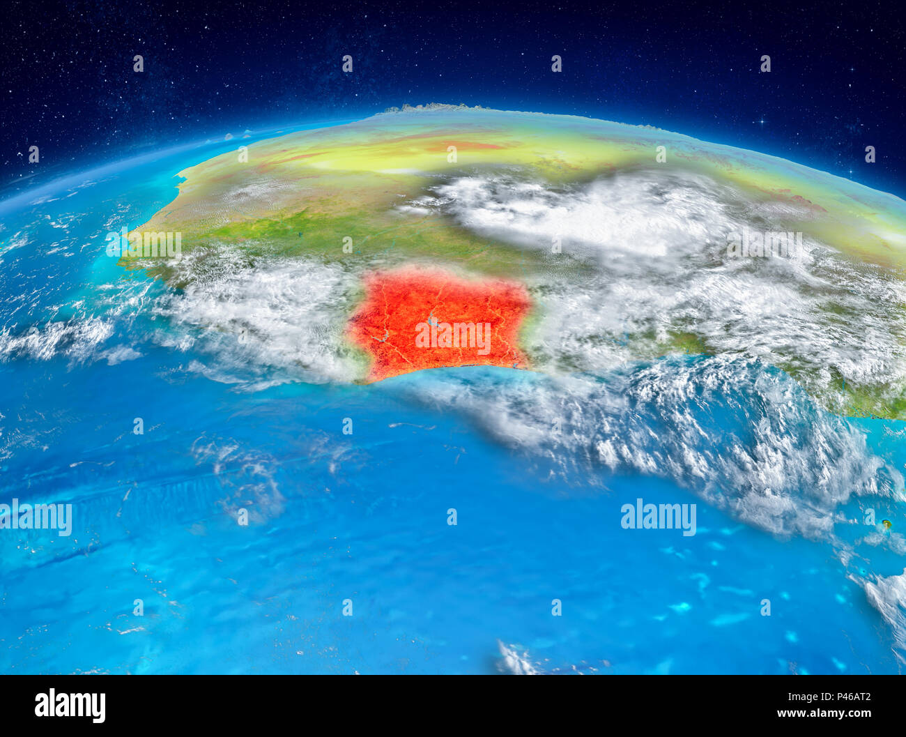 Orbit view of Ivory Coast highlighted in red on planet Earth with ...