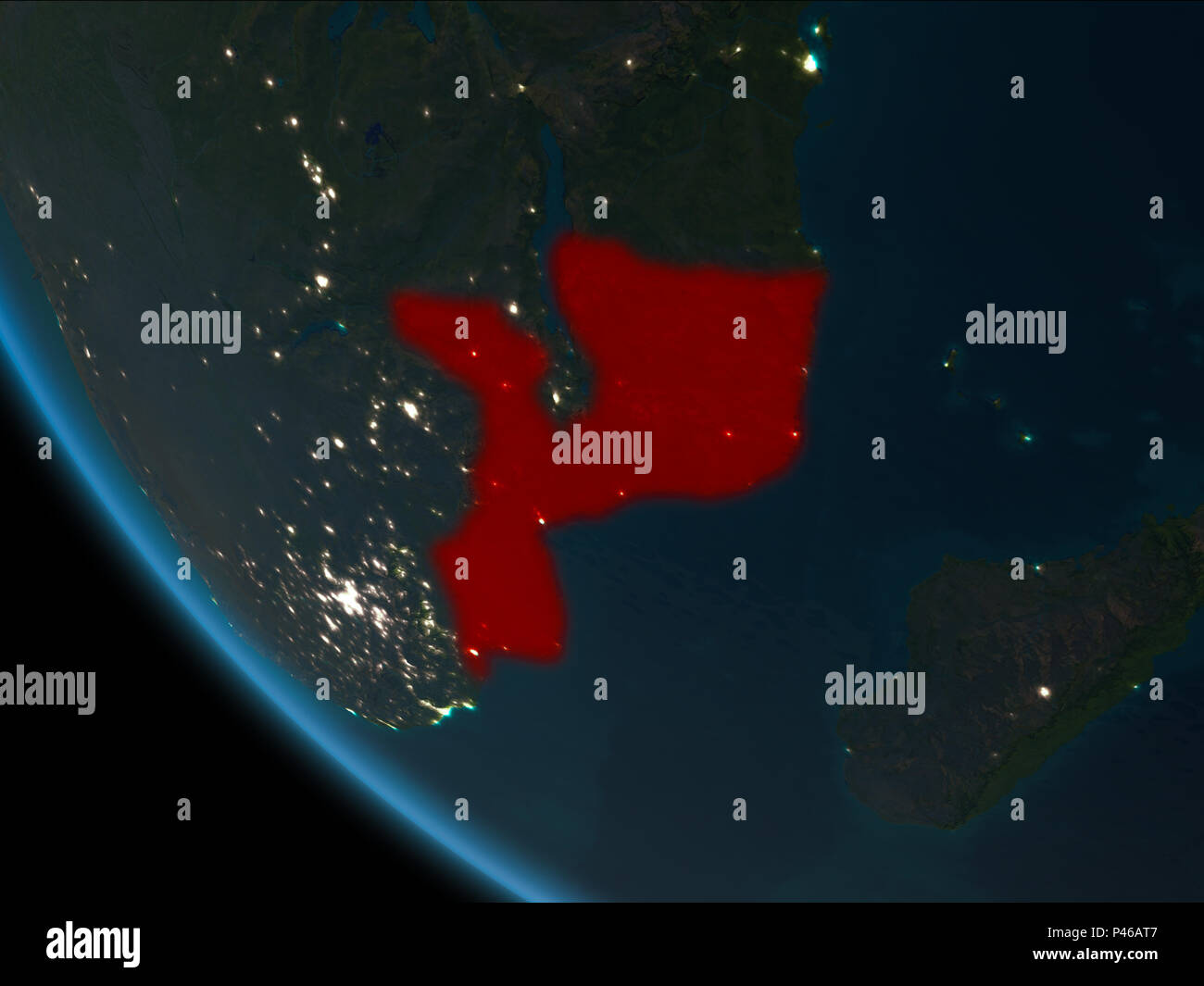 Mozambique from orbit of planet Earth at night with highly detailed ...