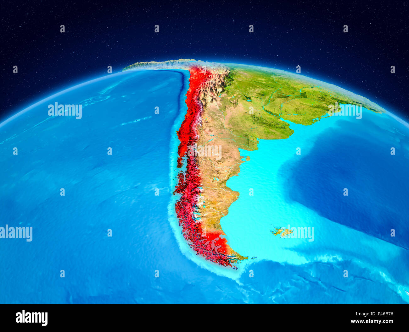 Satellite view of Chile highlighted in red on planet Earth. 3D ...