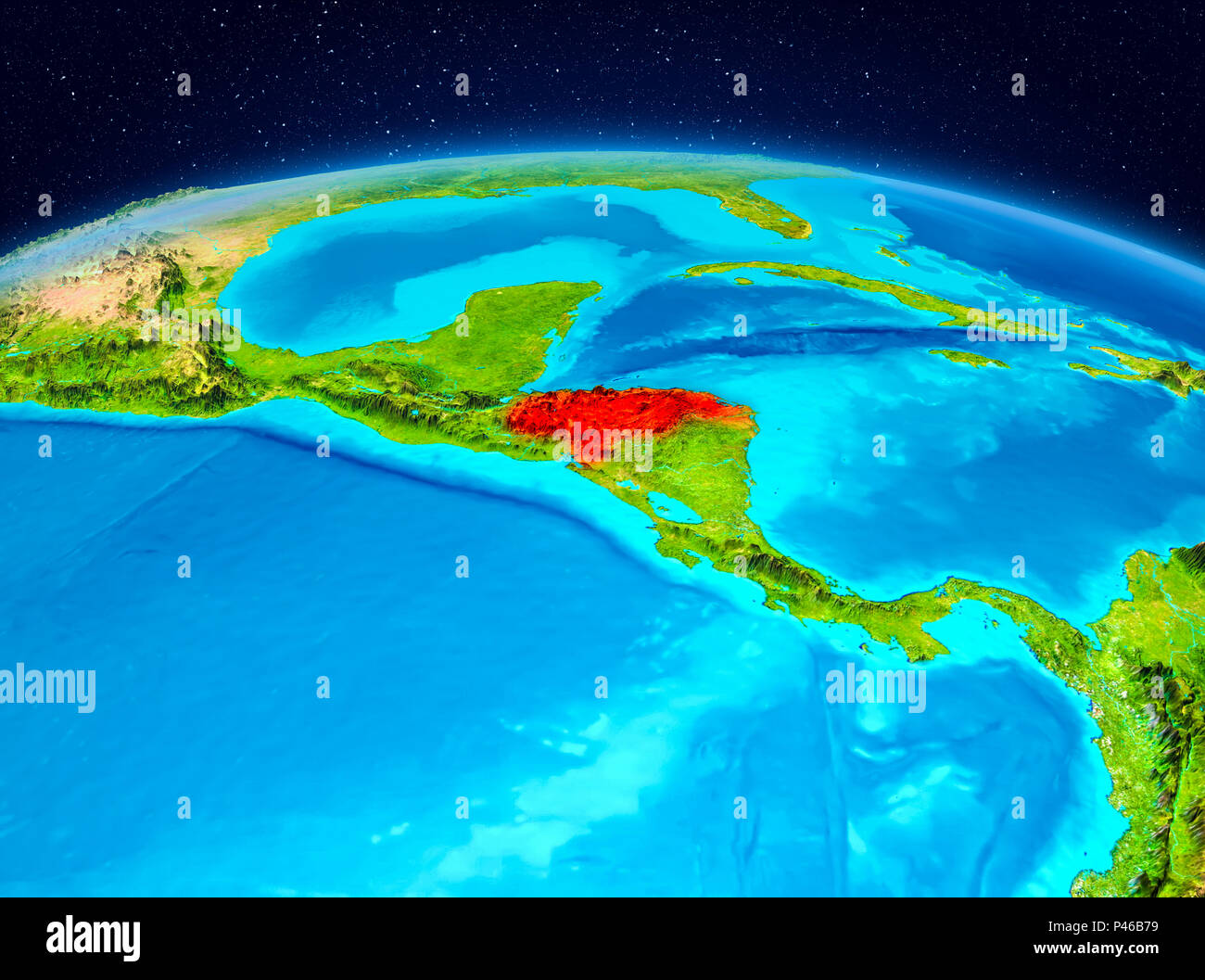 Satellite view of Honduras highlighted in red on planet Earth. 3D ...