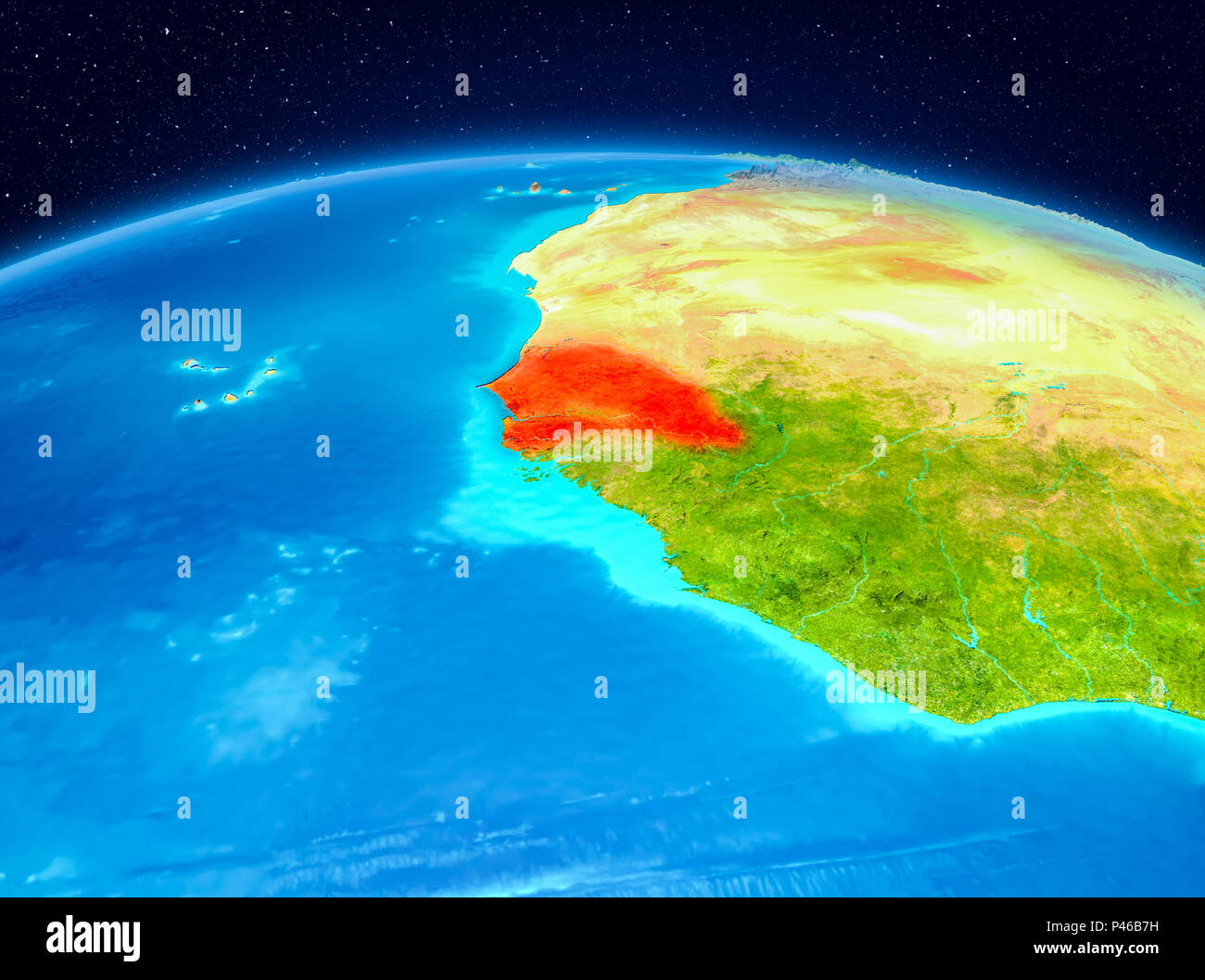 Satellite view of Senegal highlighted in red on planet Earth. 3D ...
