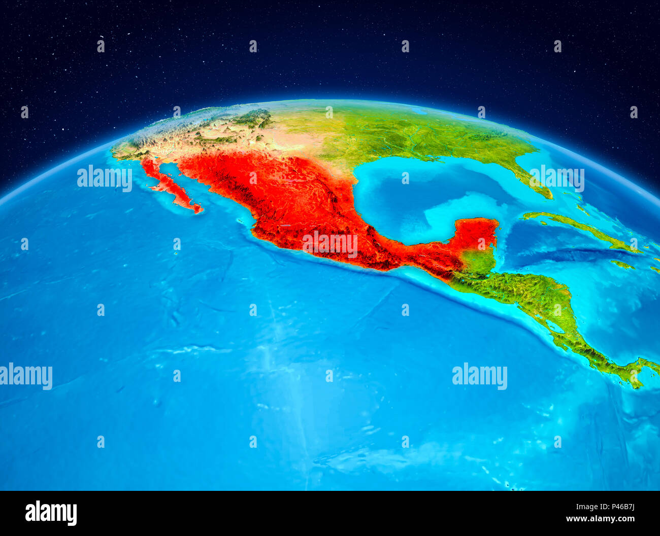 Satellite view of Mexico highlighted in red on planet Earth. 3D ...