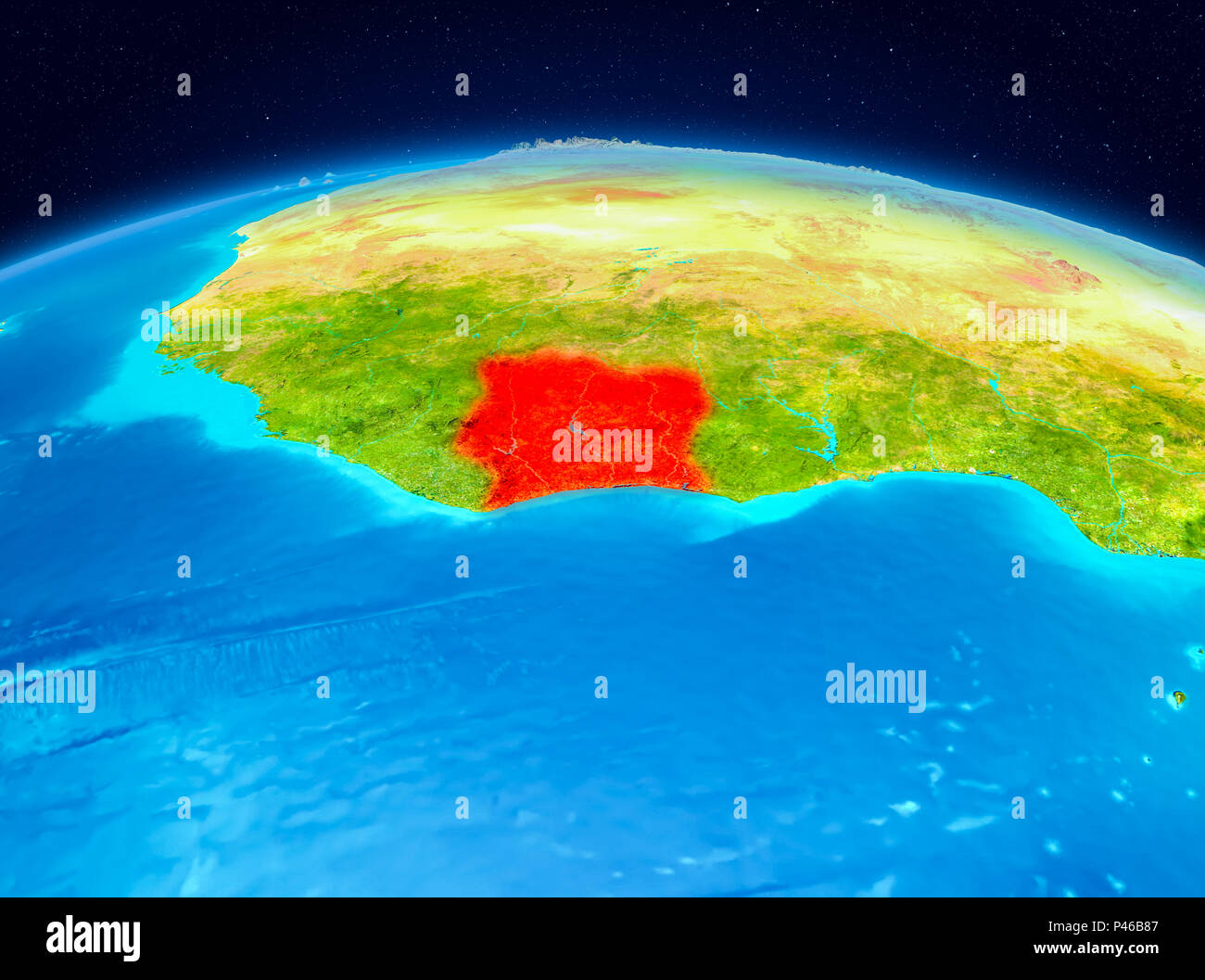 Satellite view of Ivory Coast highlighted in red on planet Earth. 3D ...