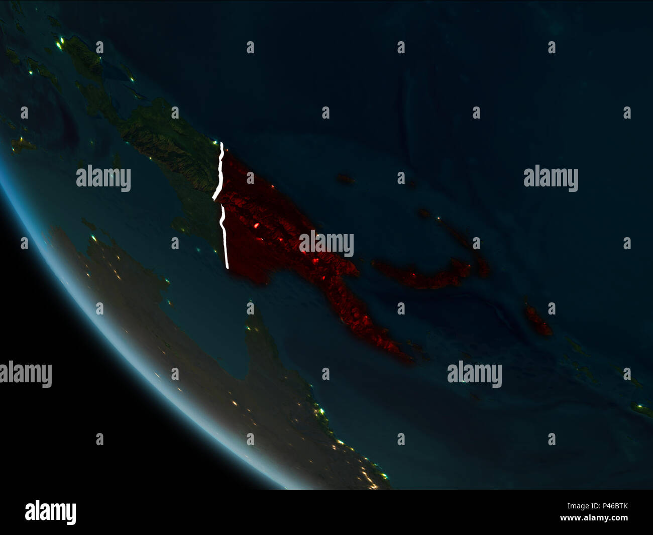 Satellite view of Papua New Guinea highlighted in red on planet Earth at night with borderlines ...