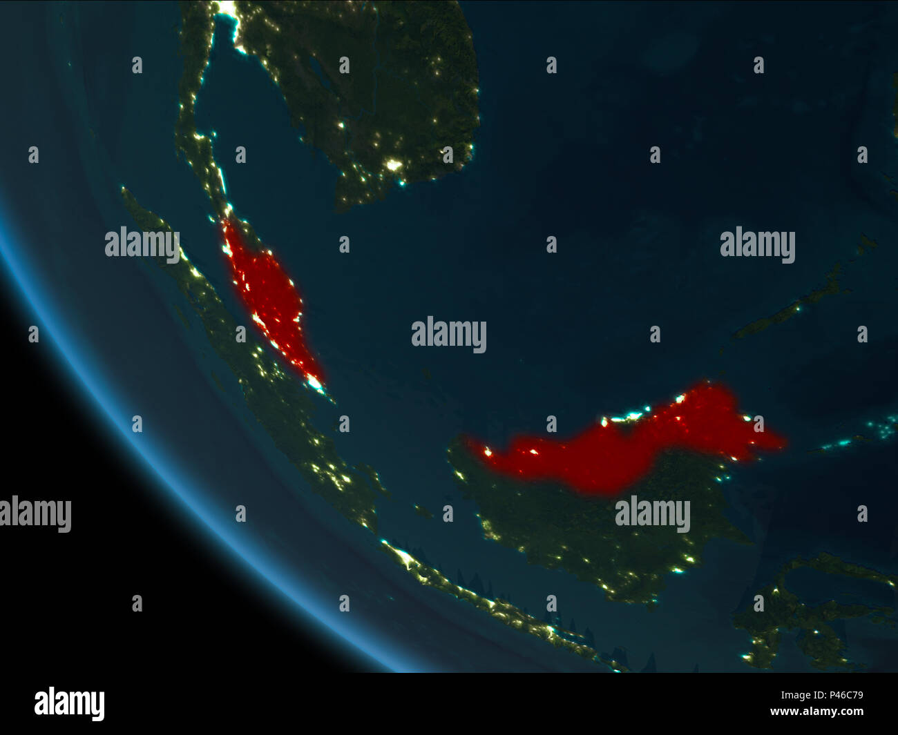 Malaysia from orbit of planet Earth at night with highly detailed ...