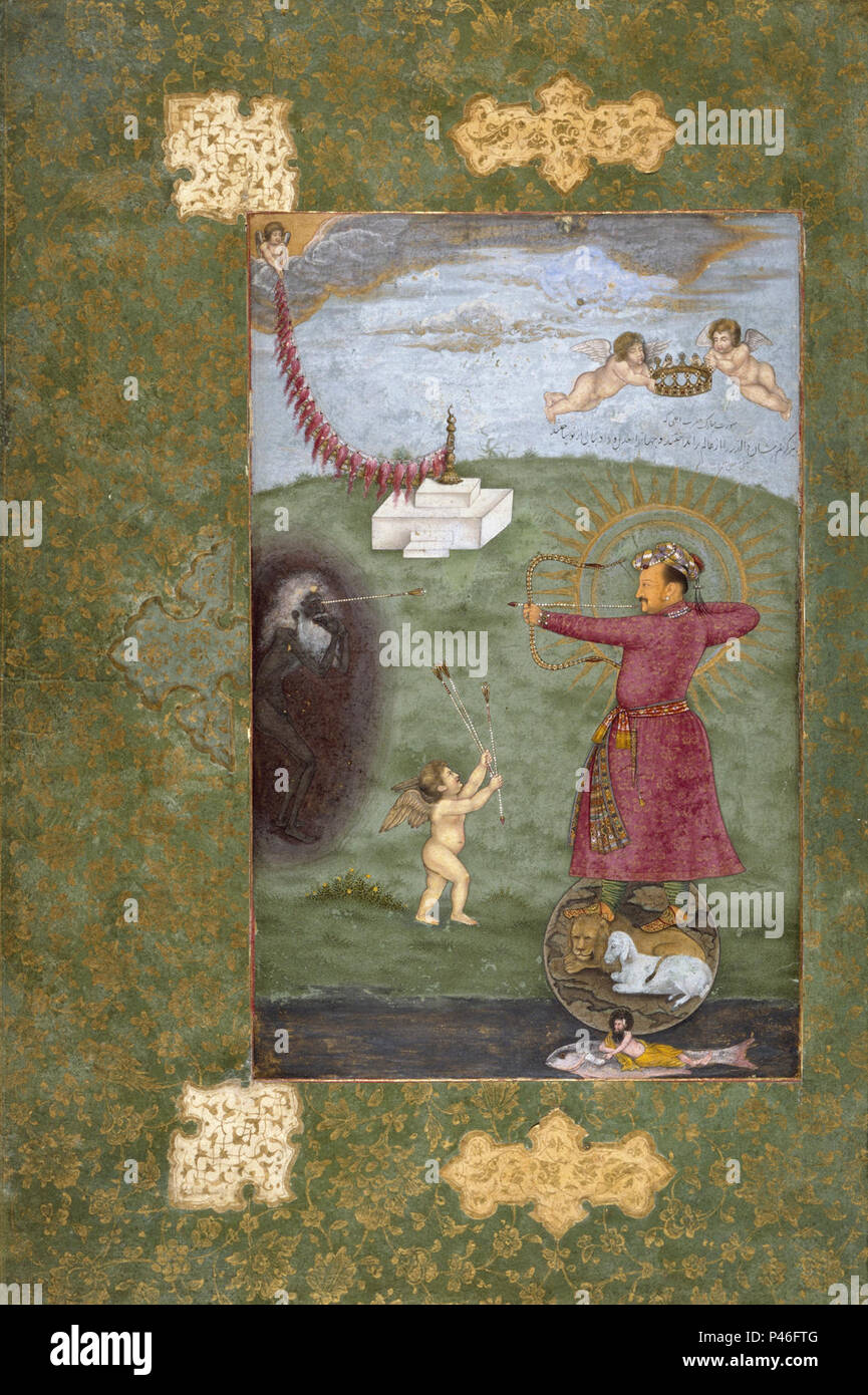 11 Abu'l Hasan. Jahangir Standing on a Globe Shooting Poverty. ca. 1625 ...