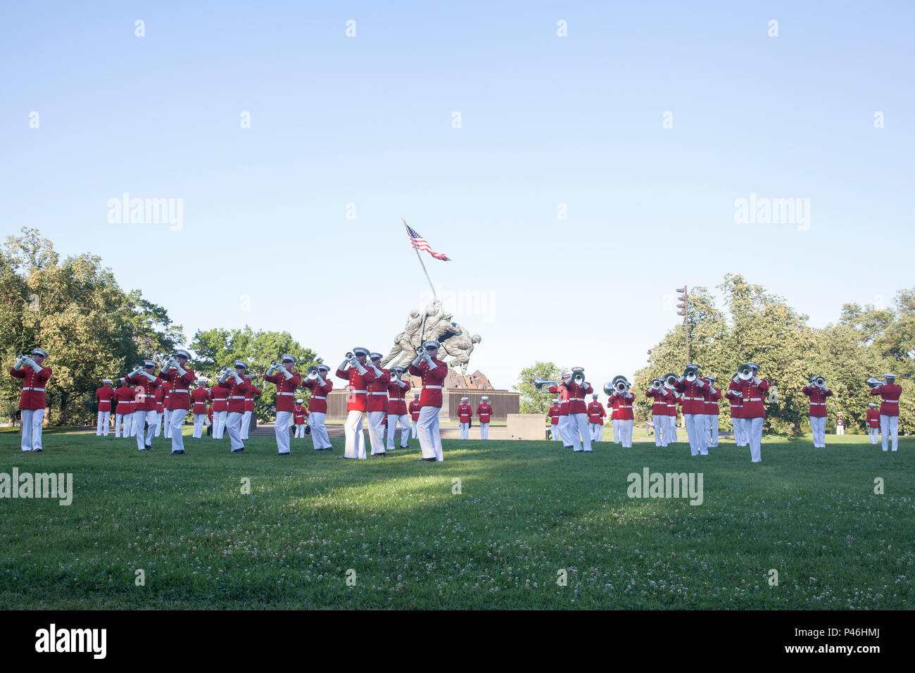 U.S. Marines with the Marine Corps Drum and Bugle Corps perform during ...