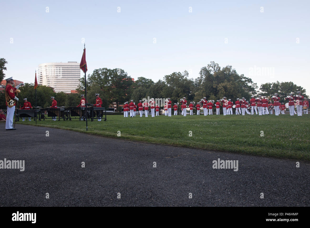 U.S. Marines with the Marine Corps Drum and Bugle Corps perform during ...