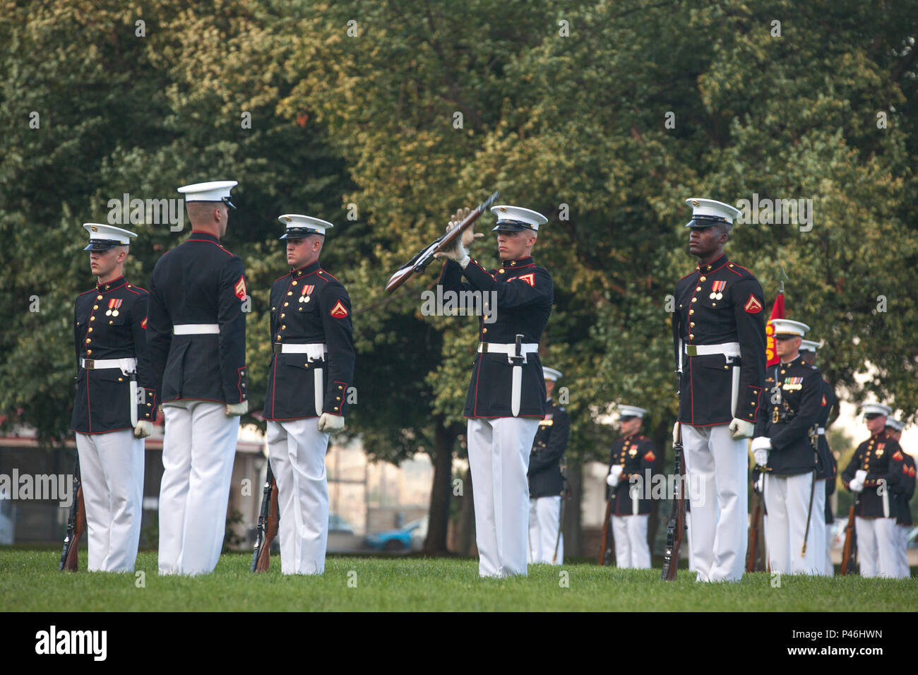 U.S. Marines with Marine Barracks Washington perform during a sunset ...