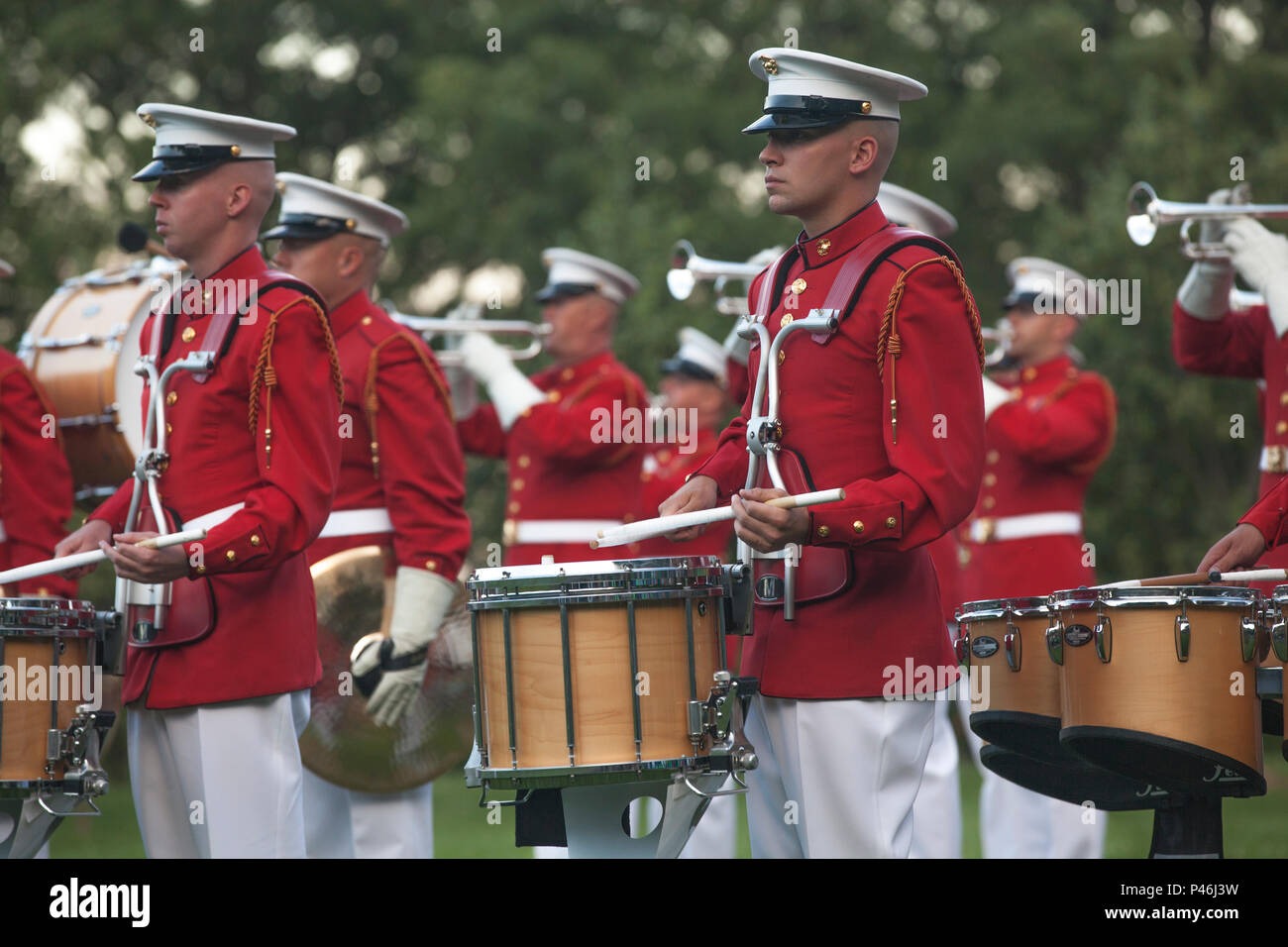 U.S. Marines with the Marine Corps Drum and Bugle Corps perform during ...