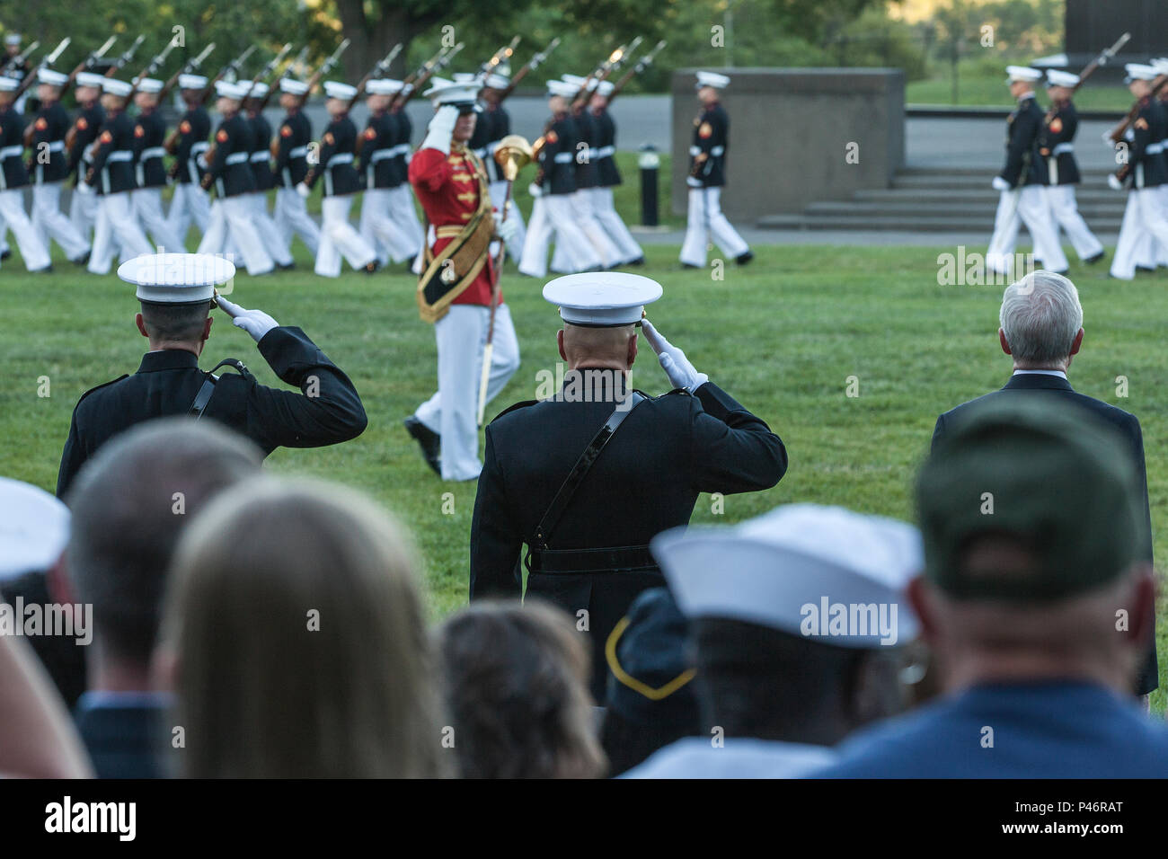 U.S. Marines with Marine Barracks Washington, pass in review during the ...