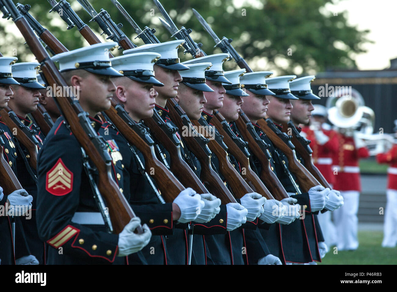 U.S. Marines with Marine Barracks Washington, pass in review during the ...