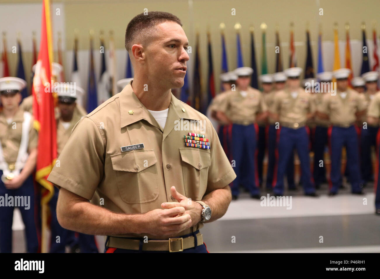 U.S. Marine Corps Maj. Luke A. Sauber gives his thanks and remarks ...
