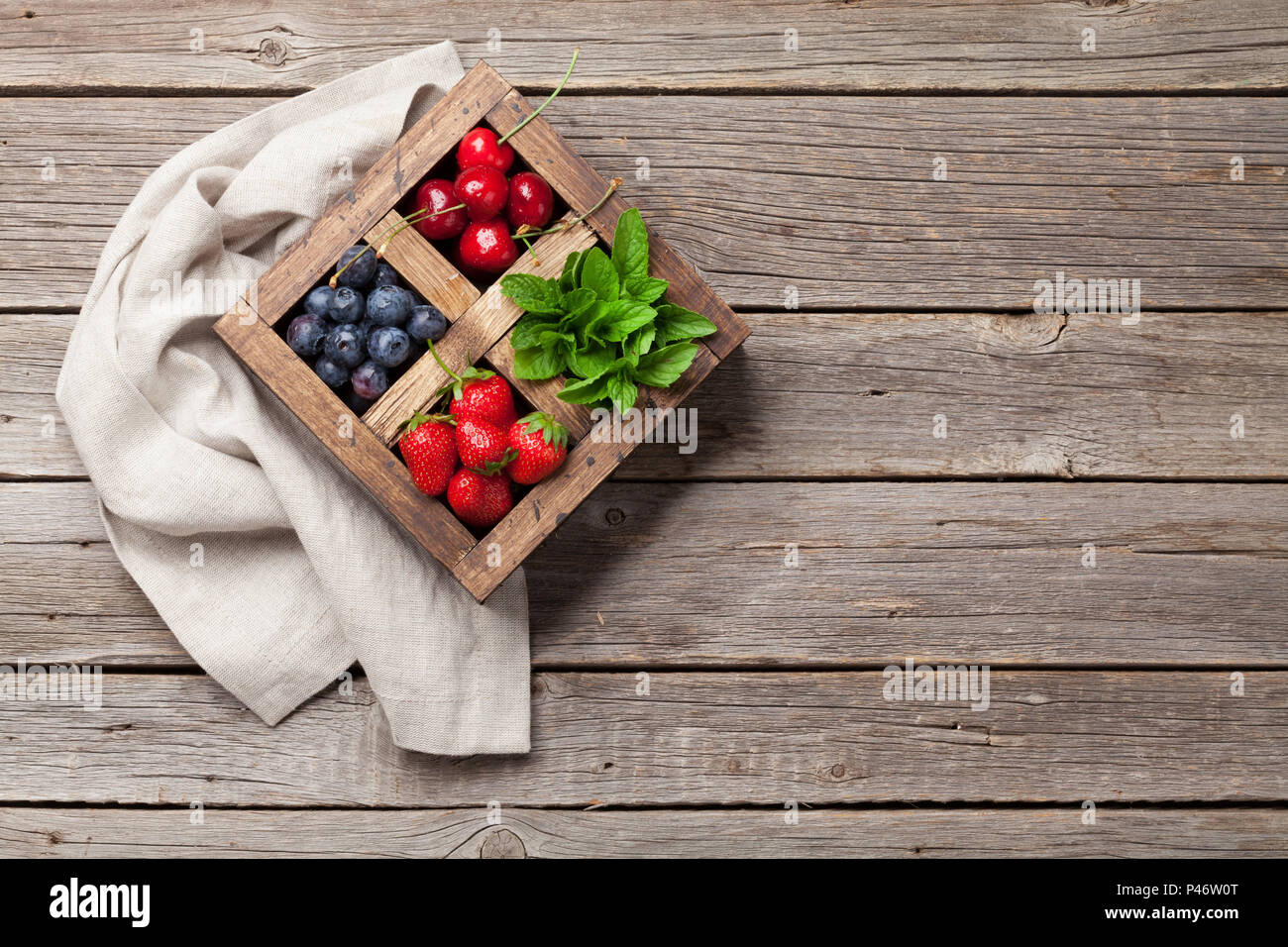 Fresh summer berries box. Cherry, blueberry, strawberry and mint. Top ...