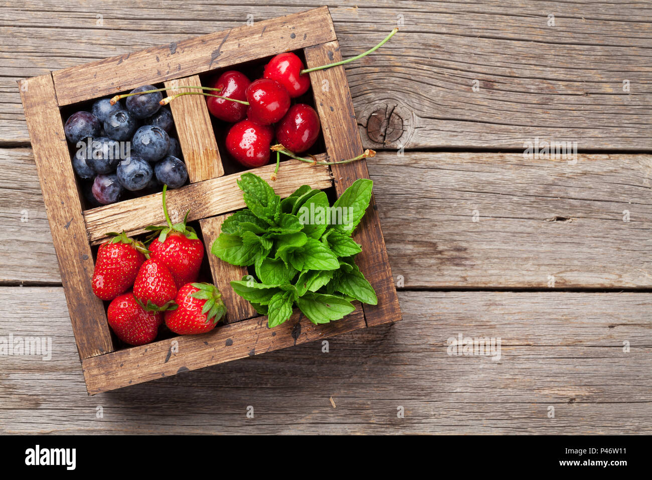 Fresh summer berries box. Cherry, blueberry, strawberry and mint. Top ...
