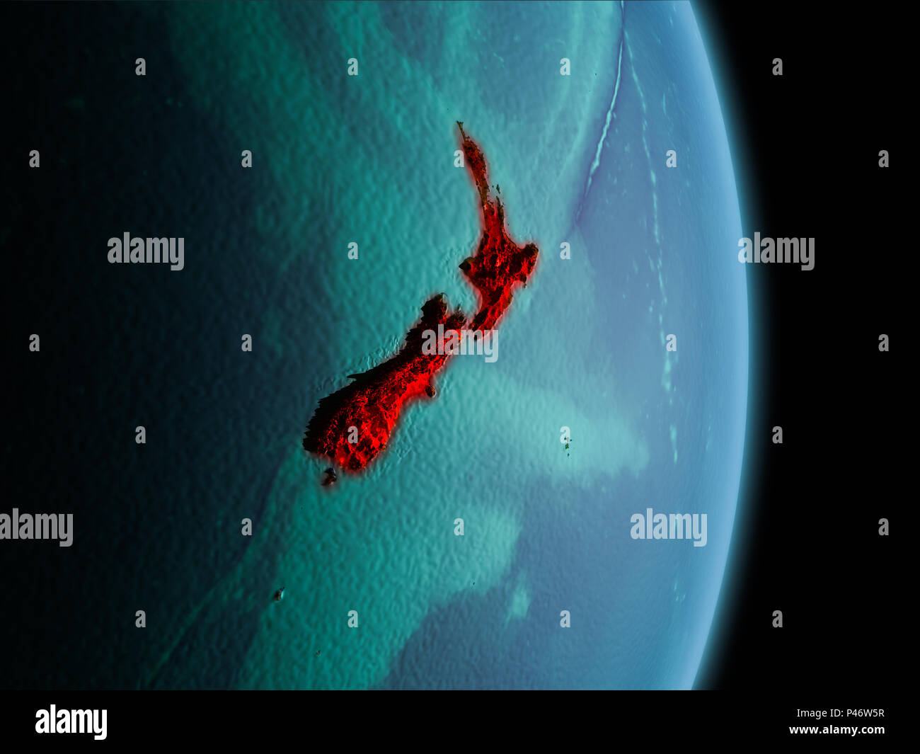 Satellite morning view of New Zealand highlighted in red on planet ...