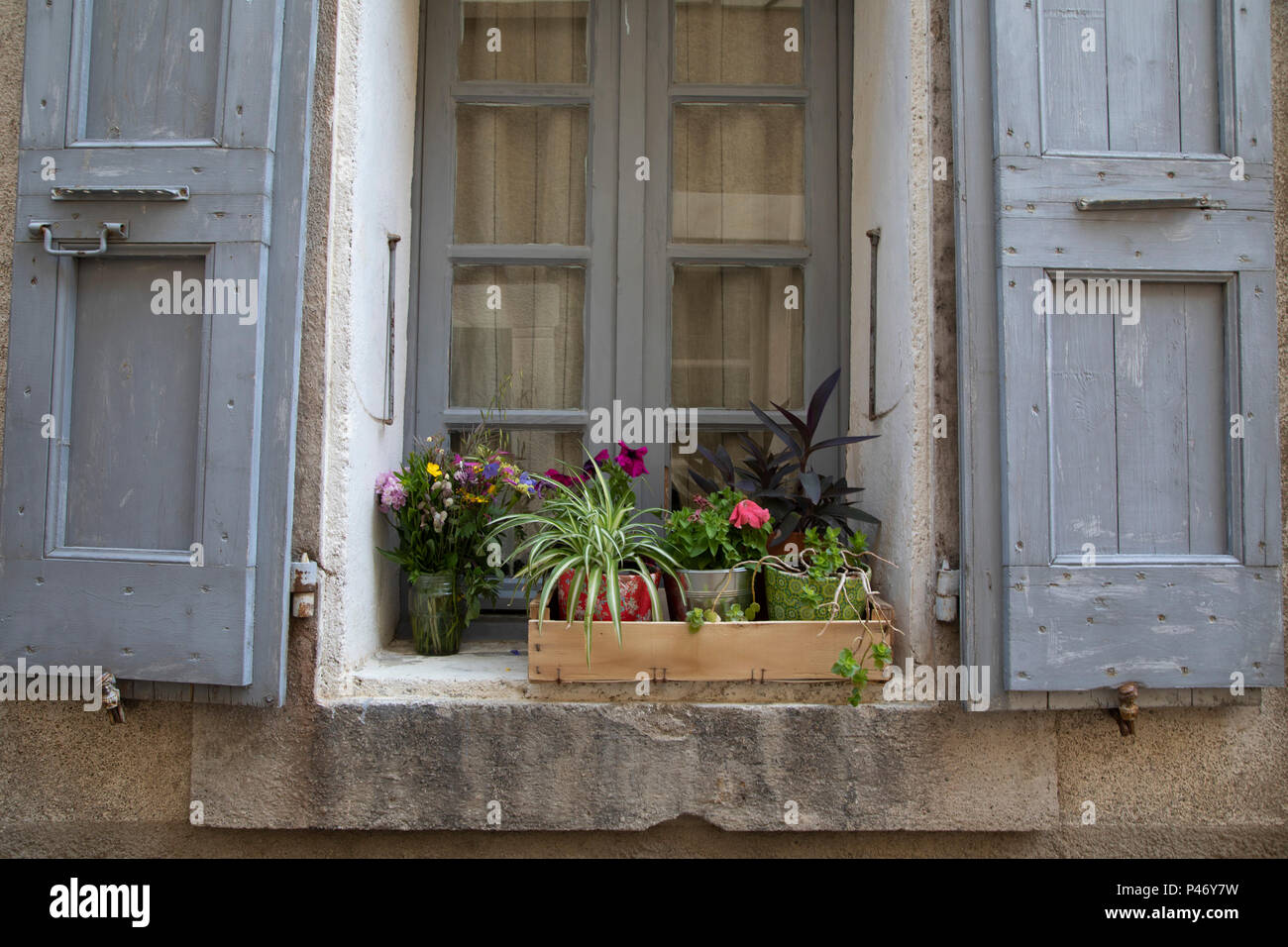 Window box with plants and flowers in the medieval village of Lagrasse ...