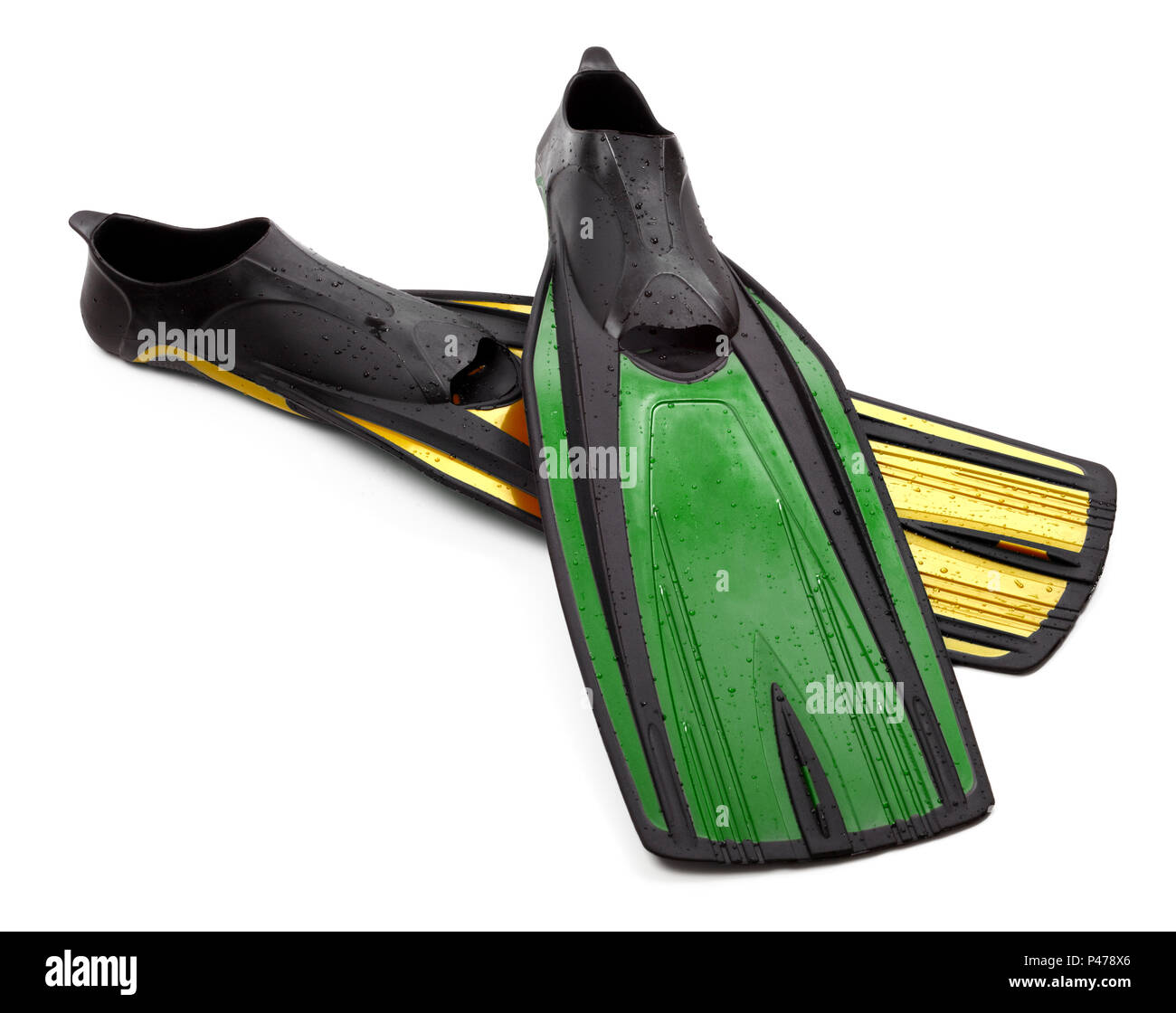 Pair flippers for diving of different colors with water drops isolated ...