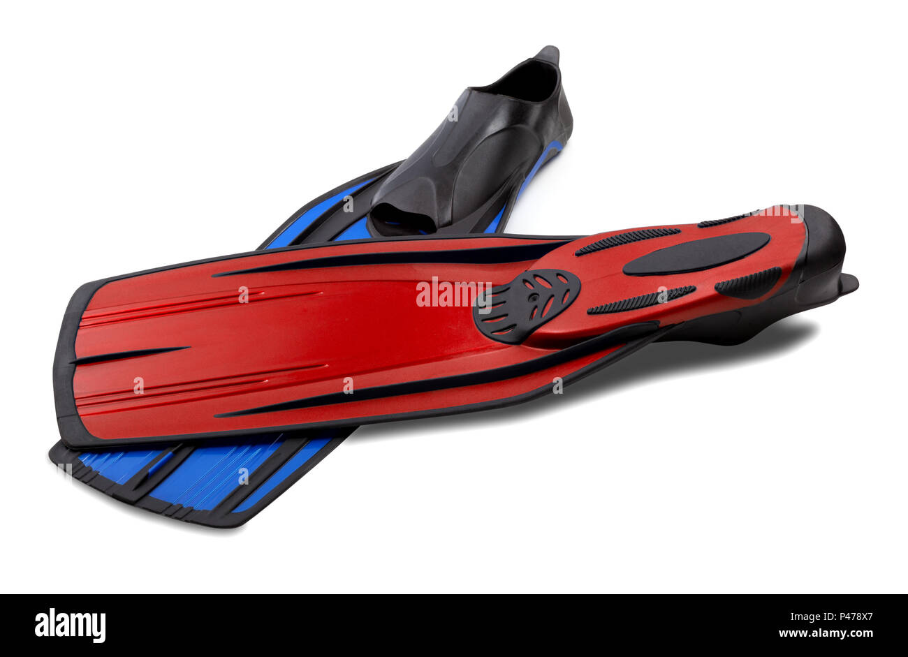 Red and blue flippers for diving. Isolated on white background Stock ...