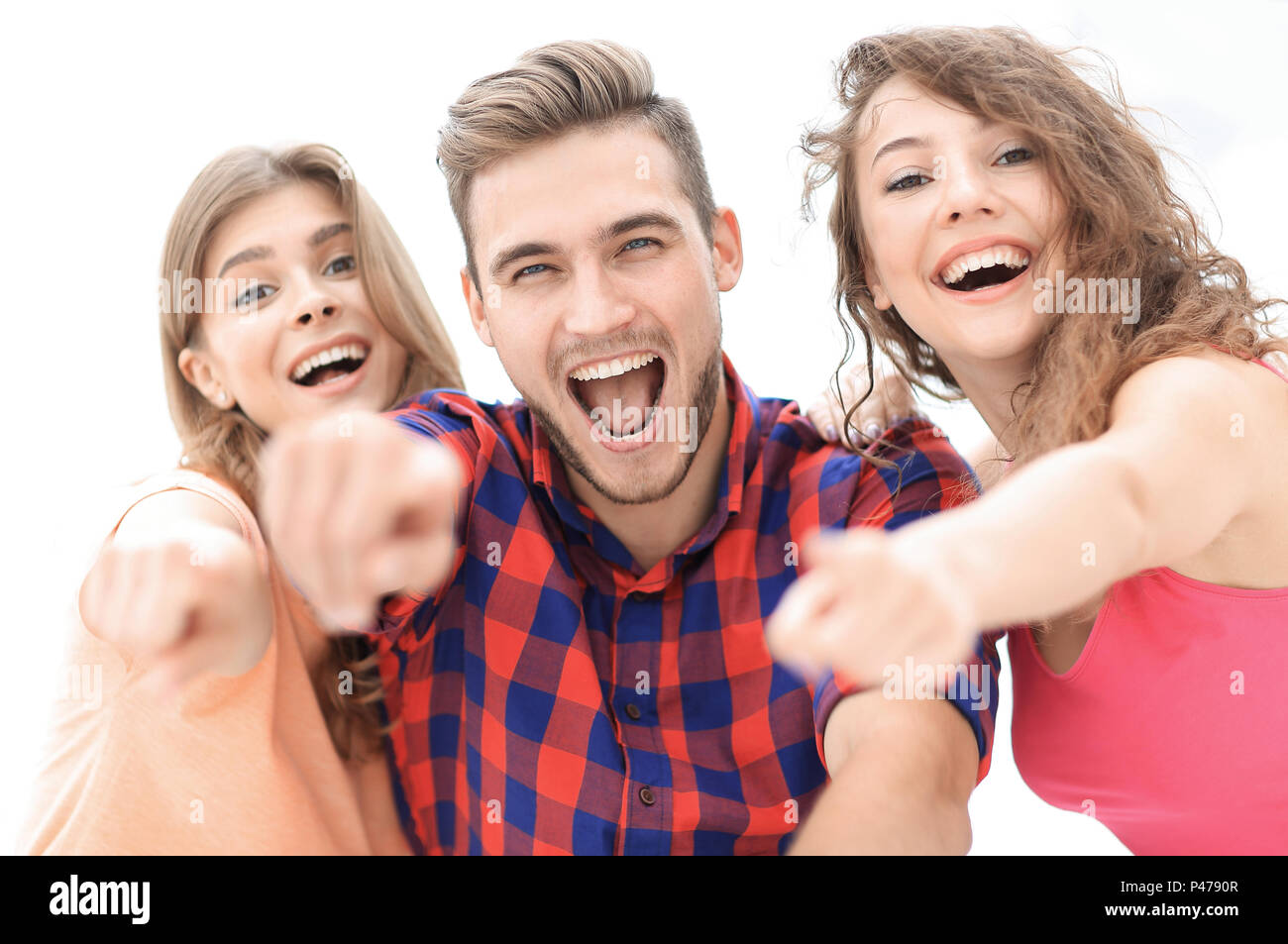 closeup of three happy young people showing hands forward Stock Photo ...