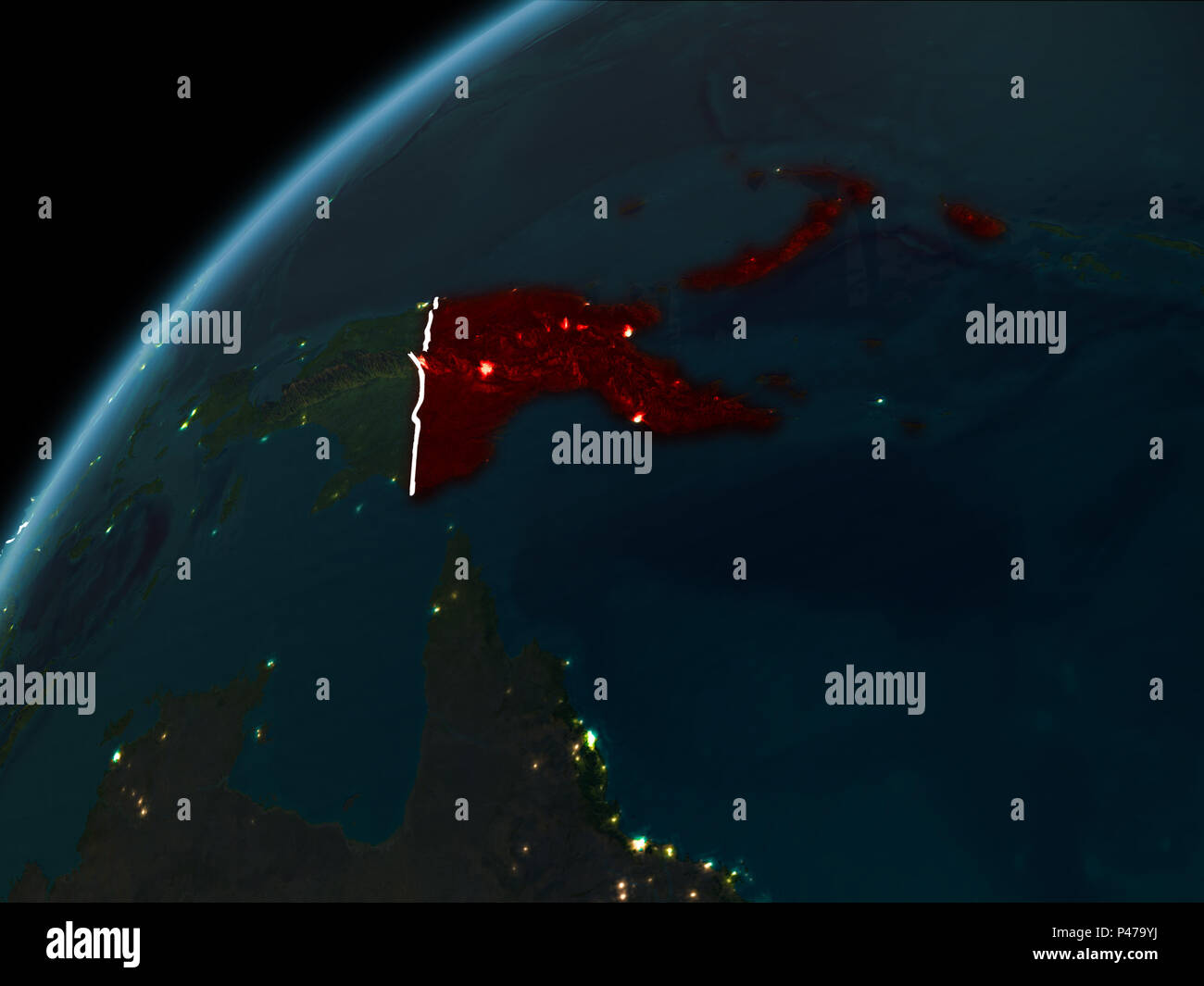 Papua New Guinea in red on planet Earth at night with visible borderlines and city lights. 3D ...