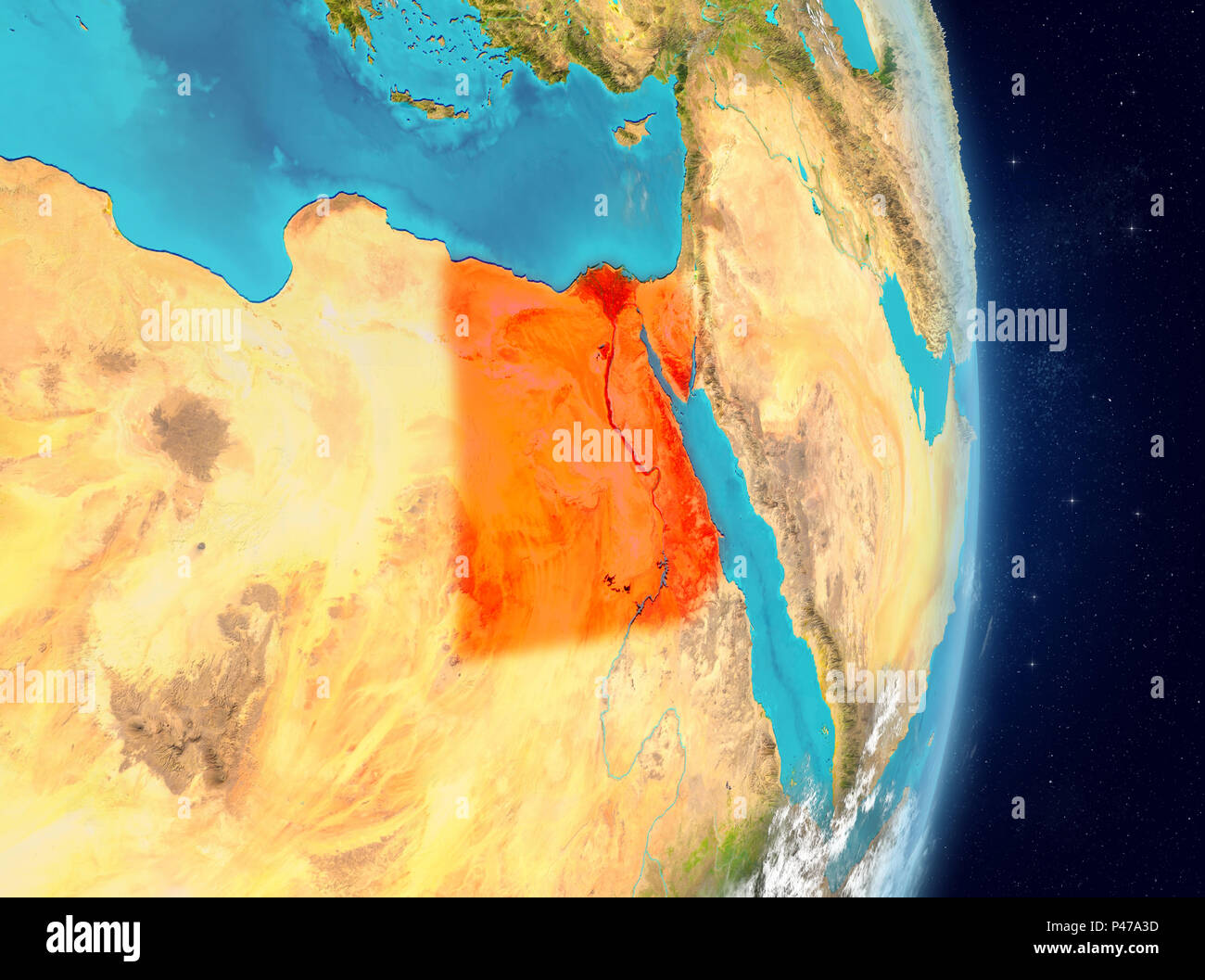 Space view of Egypt highlighted in red on planet Earth with atmosphere ...