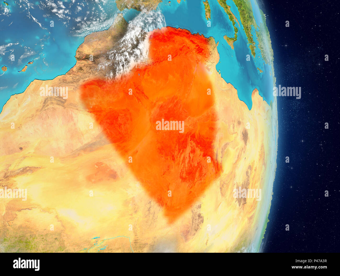 Space view of Algeria highlighted in red on planet Earth with ...