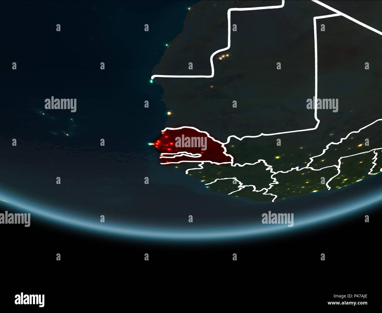 Senegal highlighted in red on planet Earth at night with visible ...