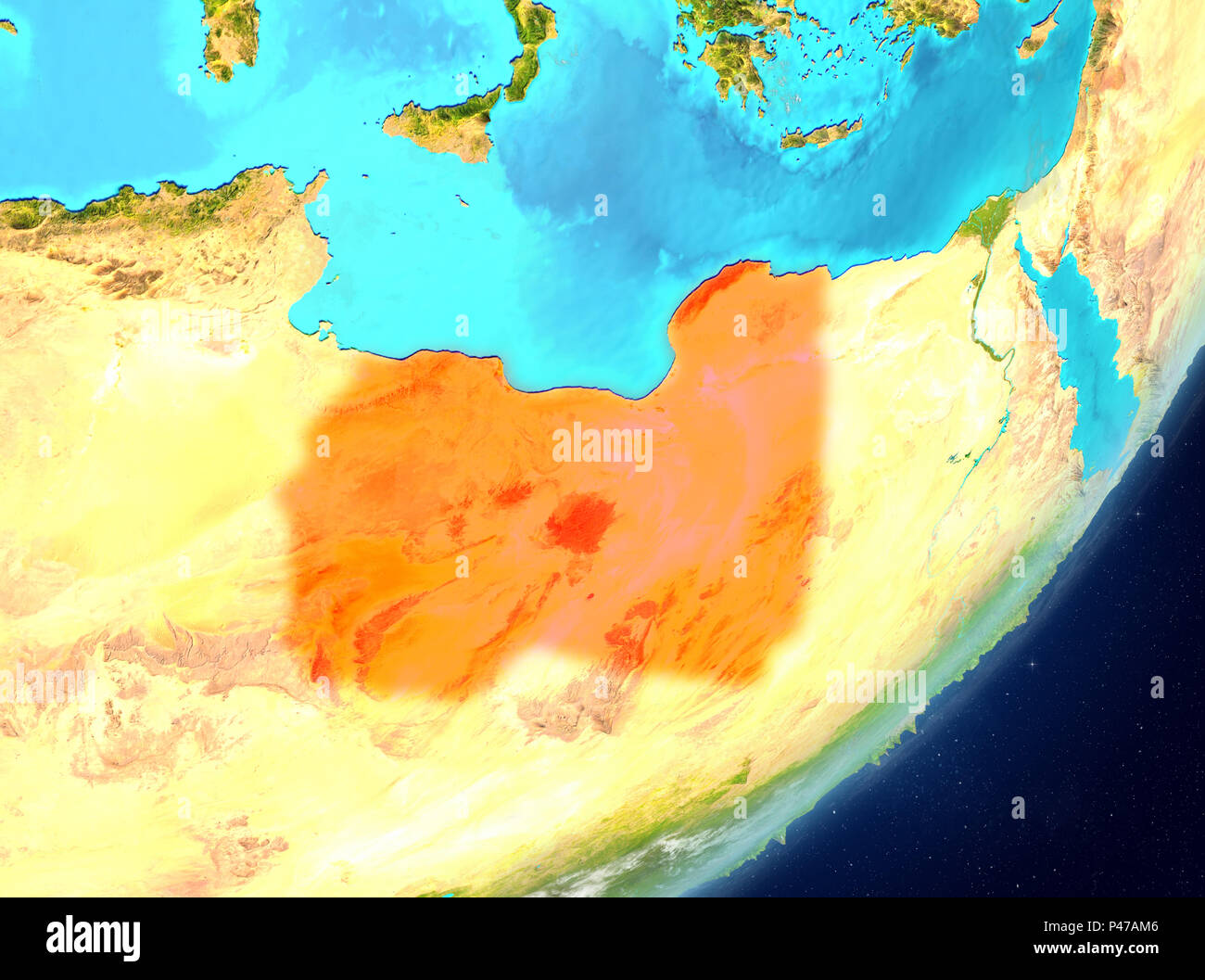 Satellite view of Libya highlighted in red on planet Earth with clouds ...