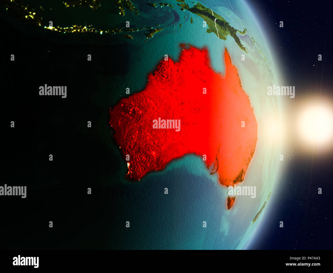 Australia during sunrise highlighted in red on planet Earth with ...