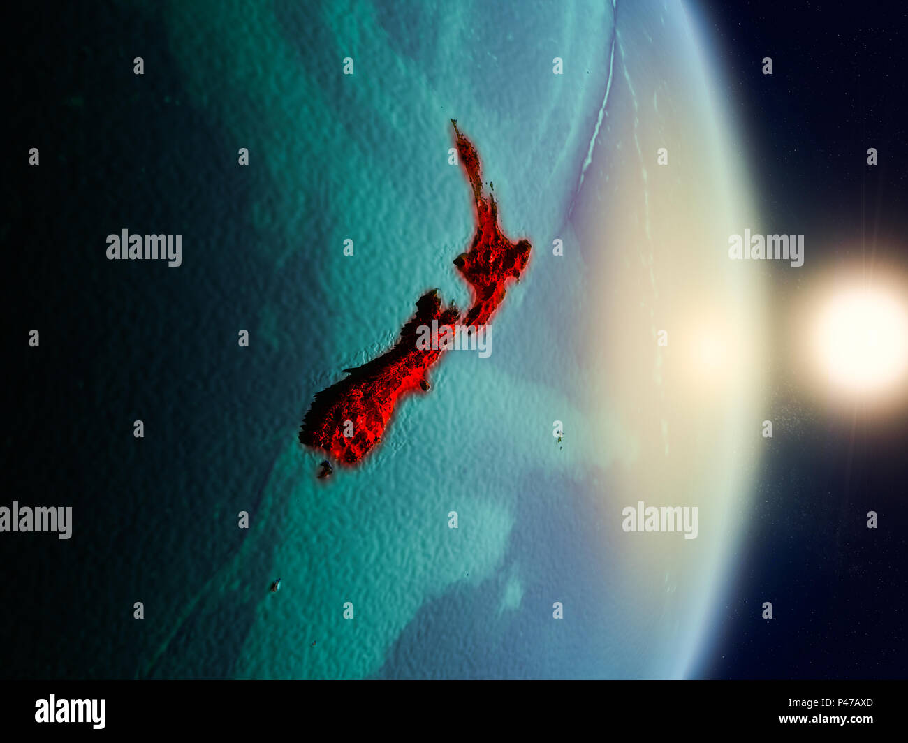 New Zealand during sunrise highlighted in red on planet Earth with ...