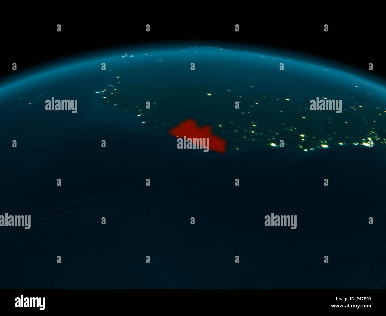 Country of Liberia in red on planet Earth at night. 3D illustration ...