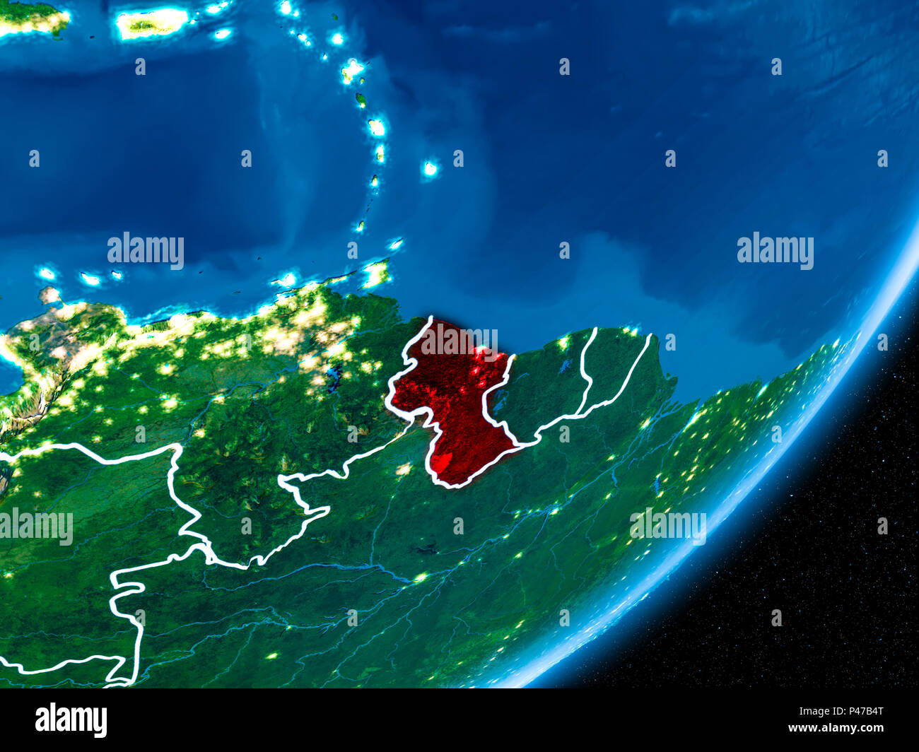 Guyana in red on planet Earth at night with visible borderlines and ...