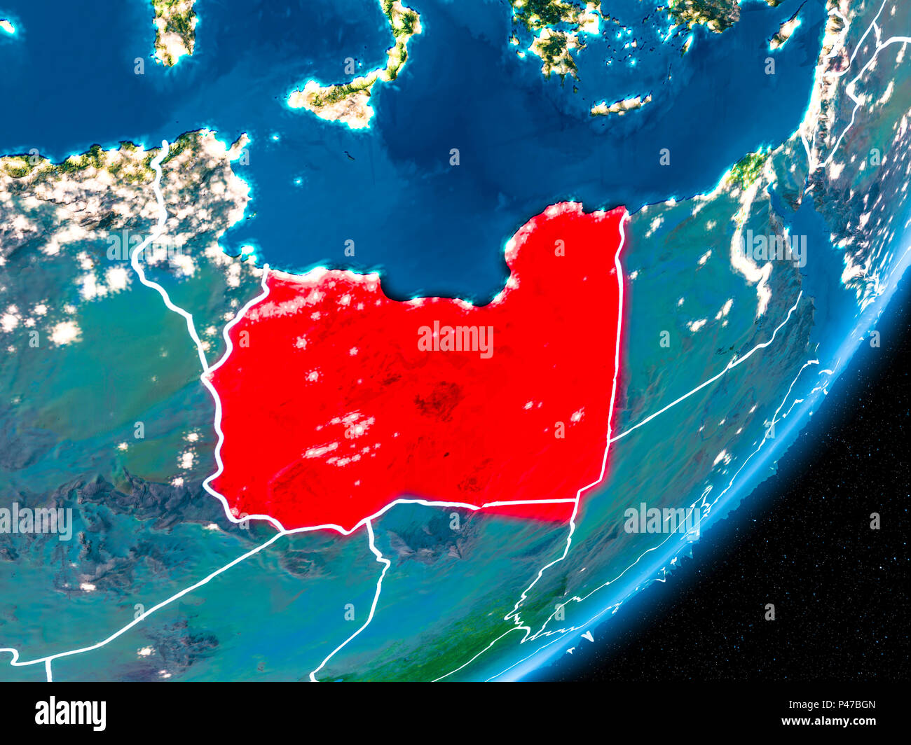 Libya in red on planet Earth at night with visible borderlines and city ...