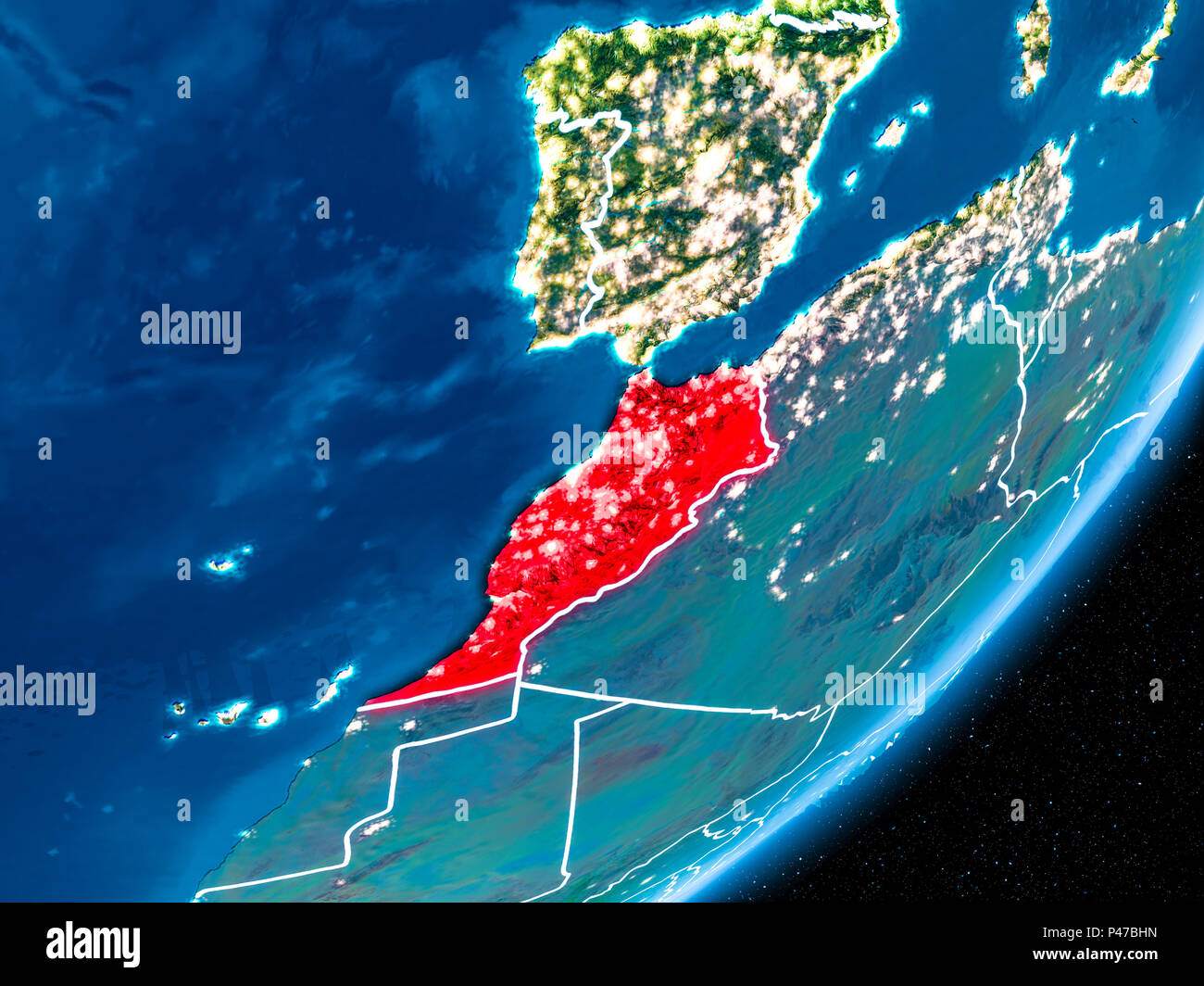 Morocco in red on planet Earth at night with visible borderlines and ...