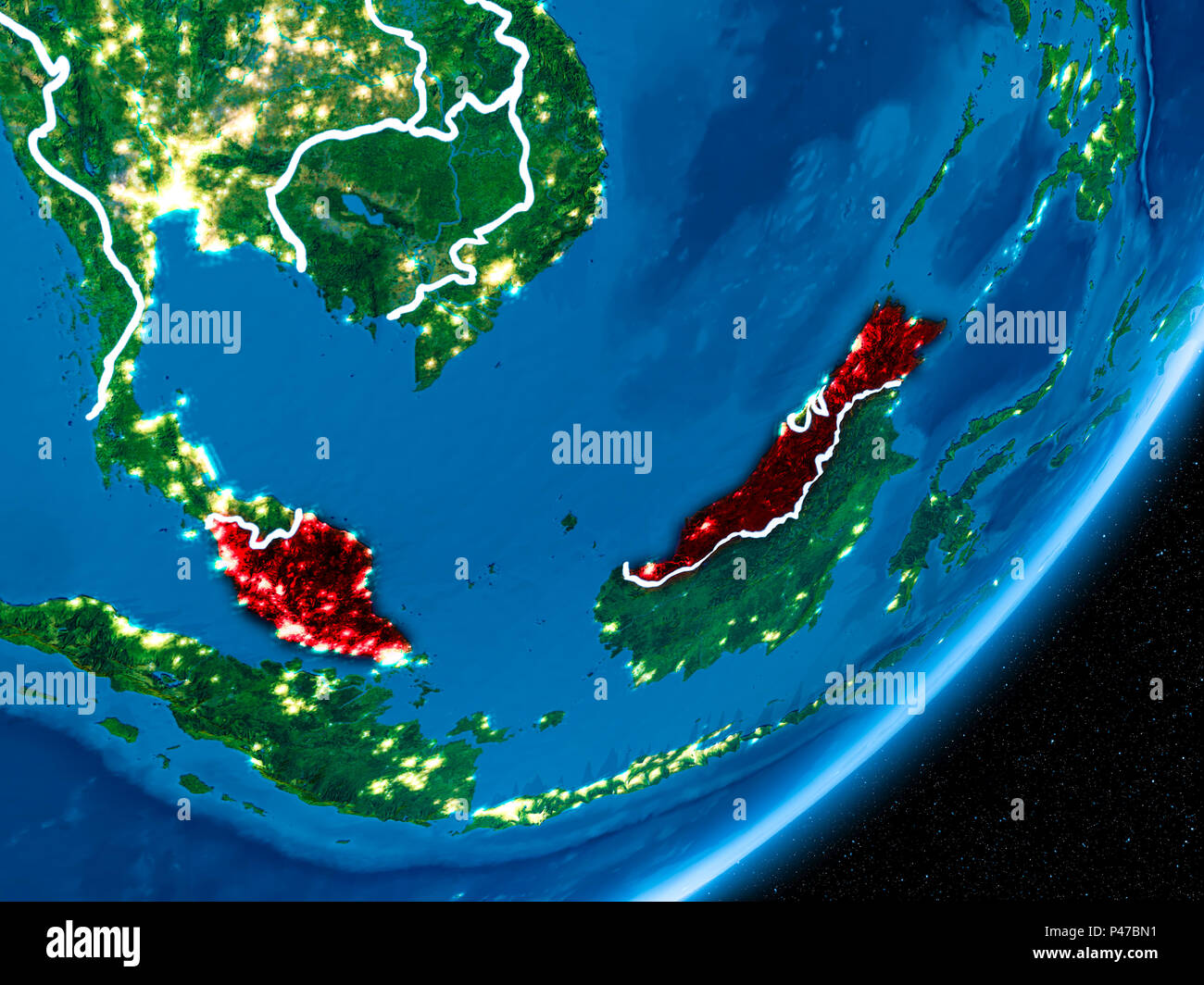 Malaysia in red on planet Earth at night with visible borderlines and ...