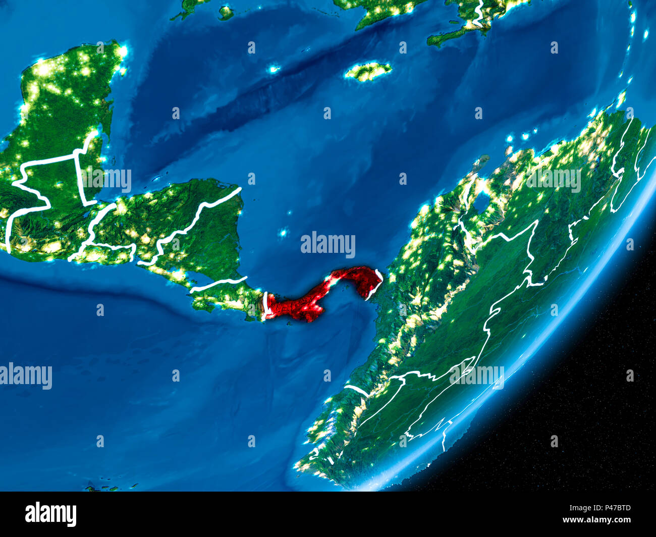 Panama in red on planet Earth at night with visible borderlines and ...