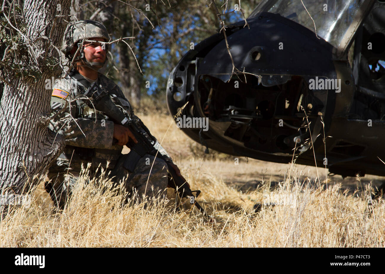 A U.S. Army Reserve Soldier pulls security alongside a simulated downed ...