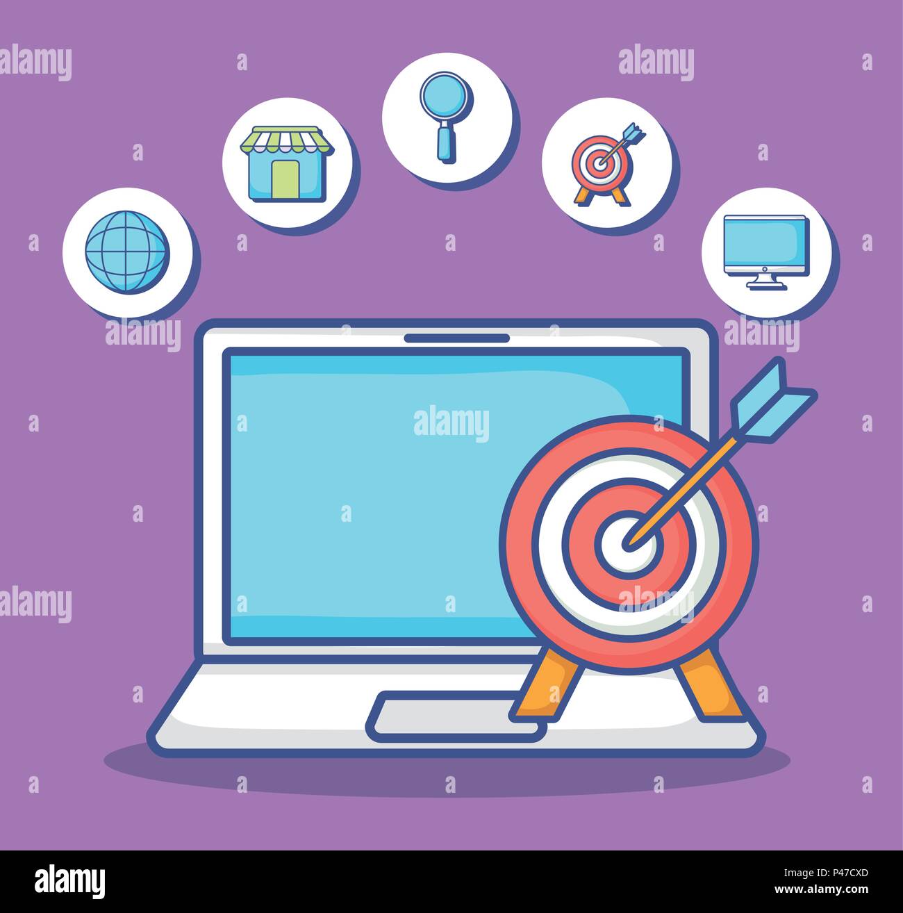 laptop computer and target with digital marketing related icons around ...
