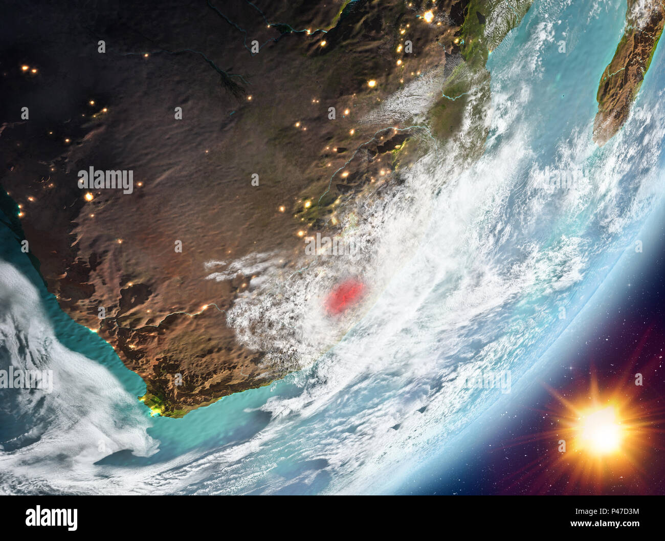 Lesotho from orbit of planet Earth in sunrise with highly detailed ...